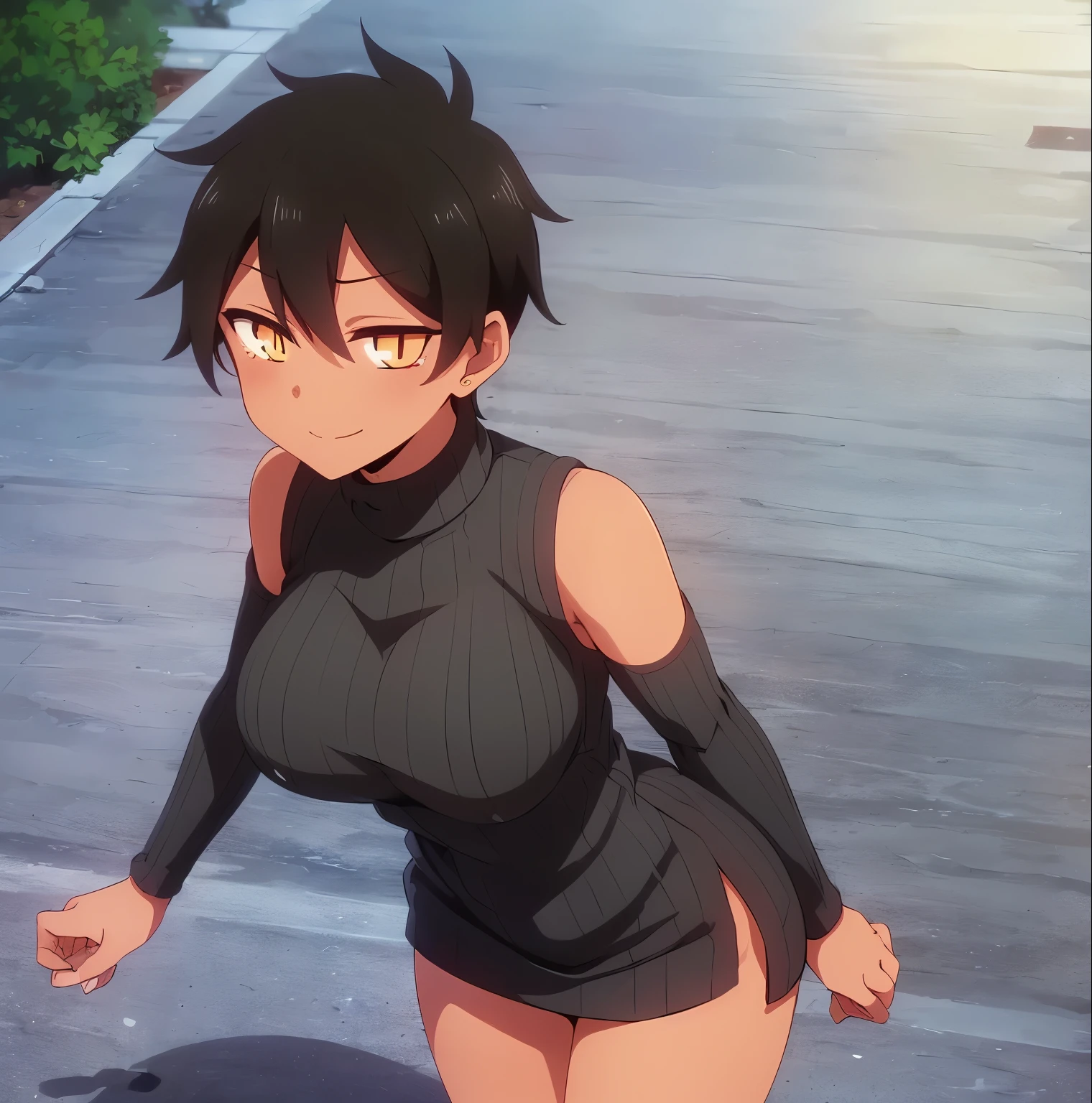 Anime girl in black dress walking down a sidewalk with a skateboard ...