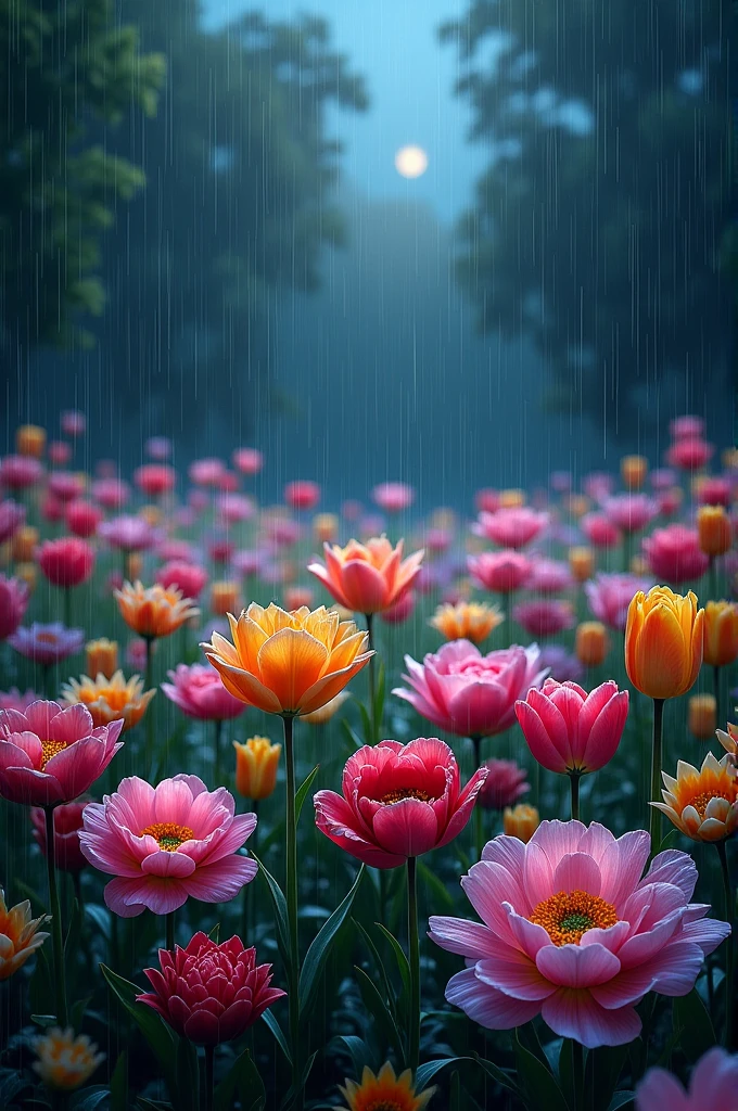 Flower garden raining at night - SeaArt AI