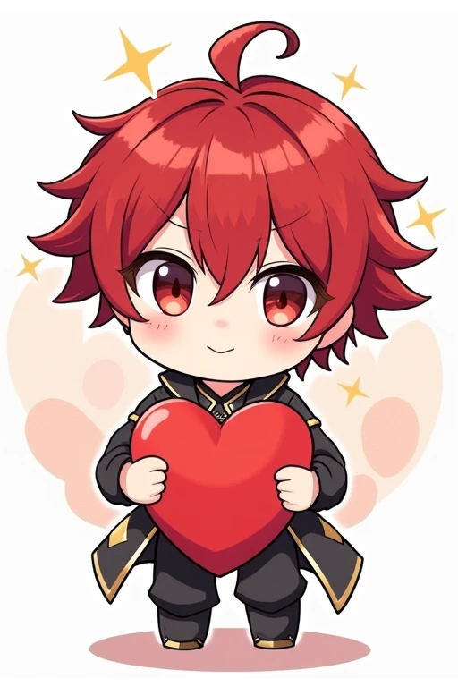 A chibi version of Diluc from Genshin Impact, looking at the viewer and ...