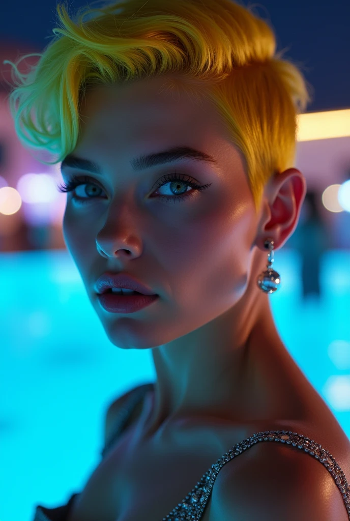 Neon_outlines, close up, classy woman in a long evening dress - SeaArt AI