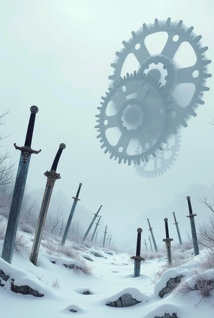 A snowy landscape with several swords, daggers,katana stuck in the ...