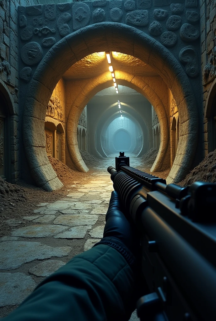 First person perspective holding an m4 assault rifle, Entrance to an ...