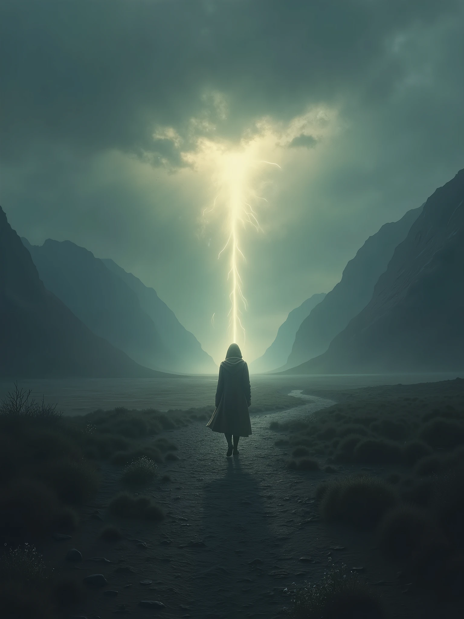 Arafed image of a woman walking in a field with a lightning bolt in the ...