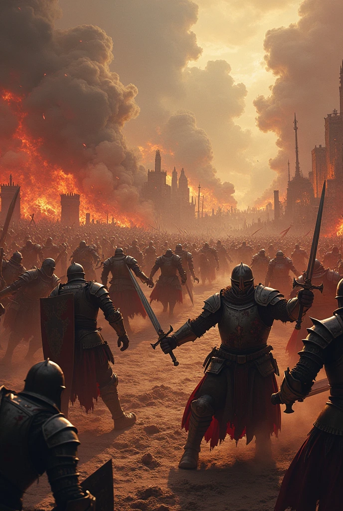 Epic battle, hellish landscape, multiple warriors, fighting - SeaArt AI