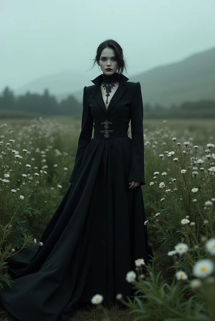 Woman in black coat standing in a field with flowers, Tim Walker style ...