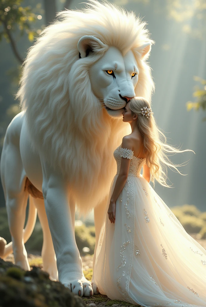 Giant white lion with a Princess dressed in white with golden light ...