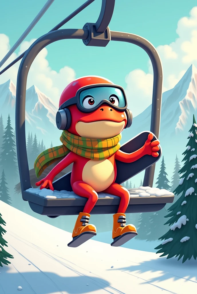 Red Frog Becomes Cartoon Character, and rides a chairlift at a ski ...
