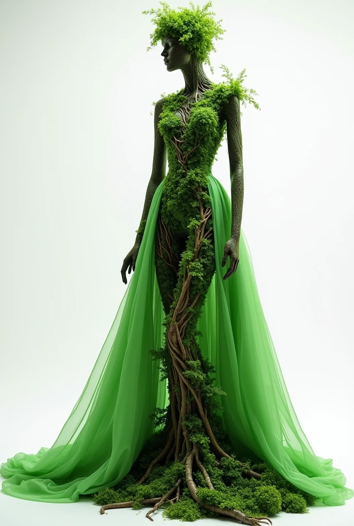 MANNEQUIN WITH GREEN DRESS LOOKING LIKE A TREE full body photo white ...