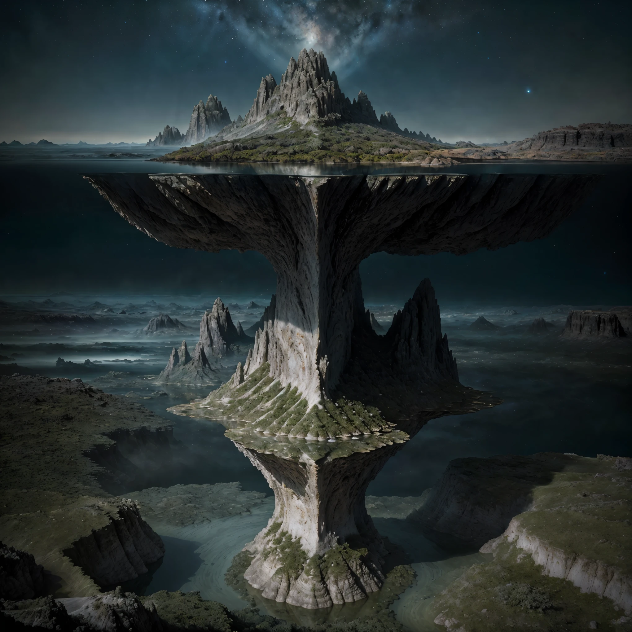 A large mushroom like structure floating in the middle of a body of ...