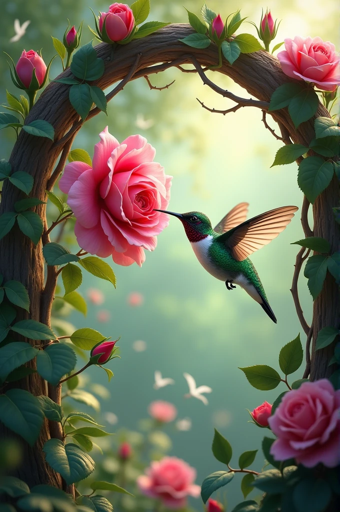 A hummingbird sucking nectar from a fuchsia rose,around an arch made of ...