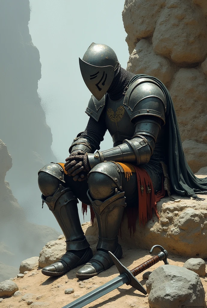 Knight sitting on a stone after a great difficult fight, with his ...