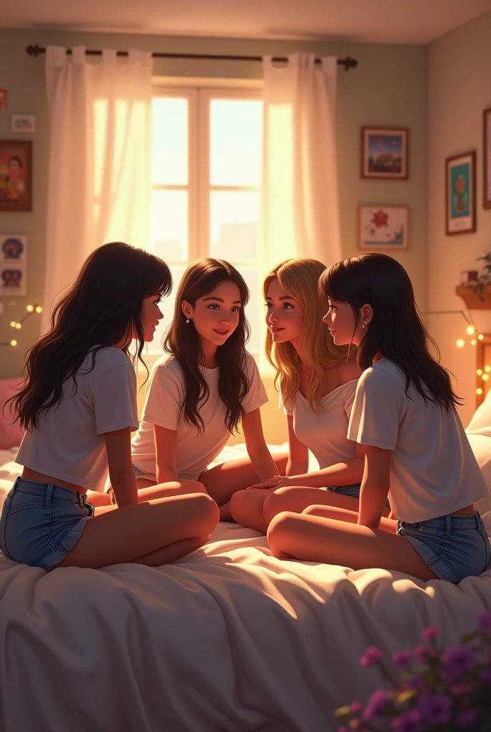 Four teenage girls sitting around a bed, realistic - SeaArt AI