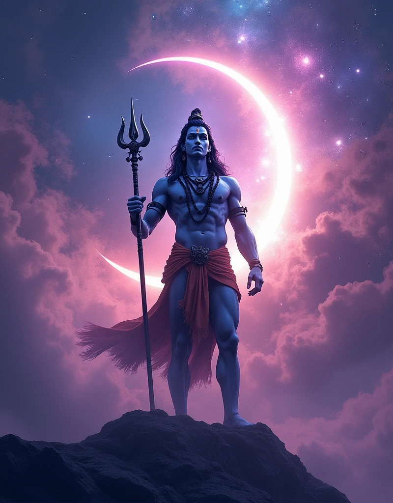 Visualize Lord Shiva looking upward, holding his iconic trishul firmly in one ha - SeaArt AI