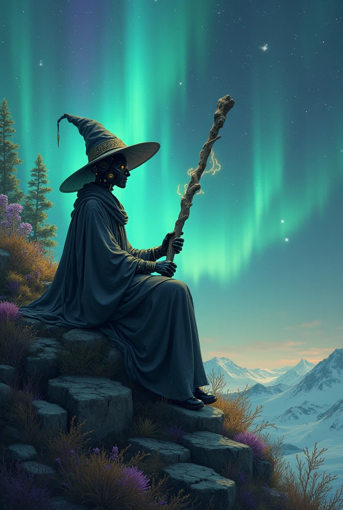 Mystical man android wizard with a wizard hat and a wooden staff ...