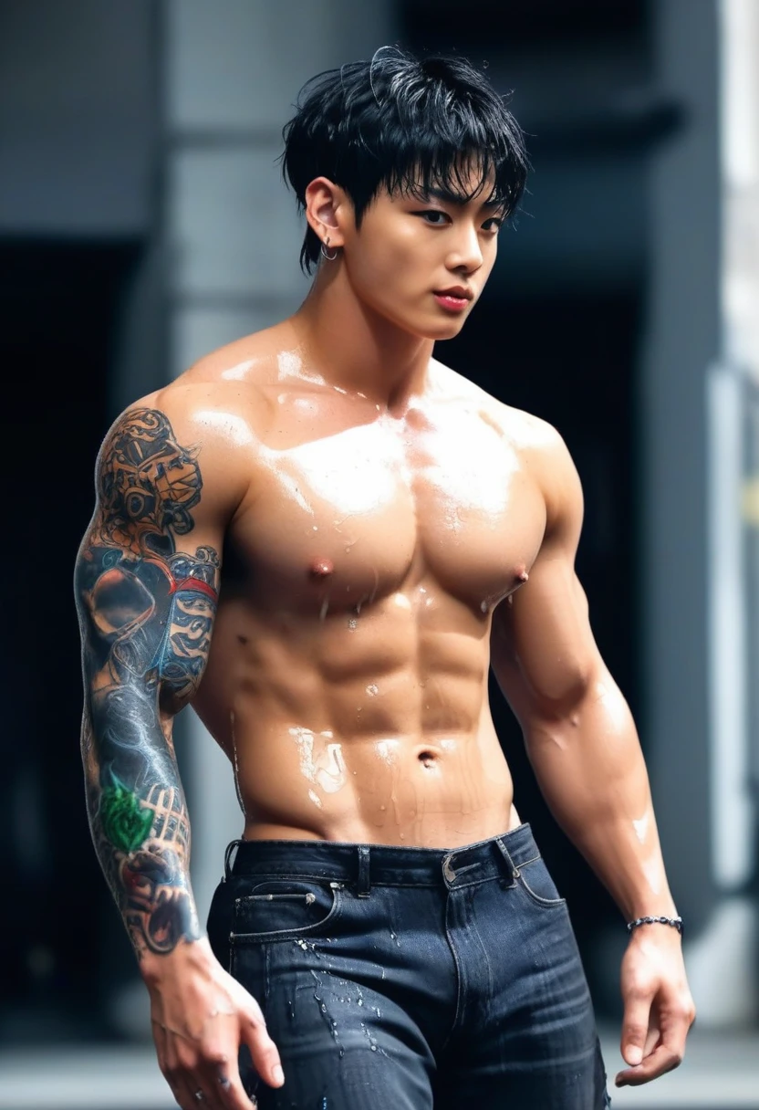 Male, jungkook face, earrings, short hair, black hair, tattoo - SeaArt AI