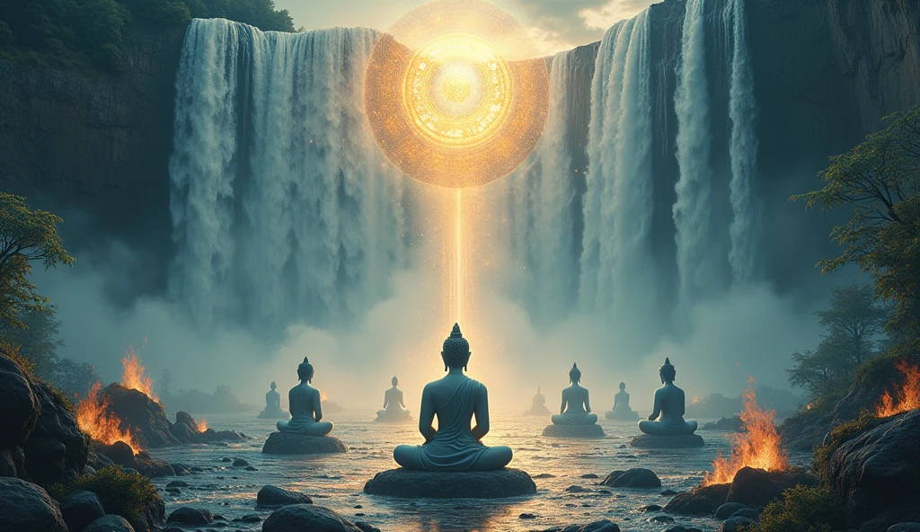 Buddhas sitting in meditation in a lotus position with a waterfall in ...