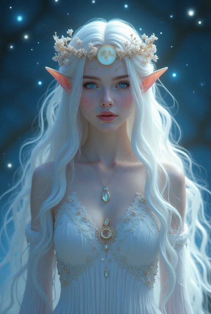 Adult elf princess as a moon goddess, with long white hair with flowers - SeaArt AI