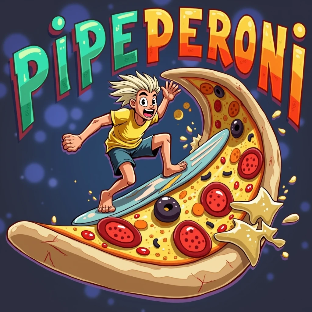 Design an animated character surfing on a huge slice of pizza with ...