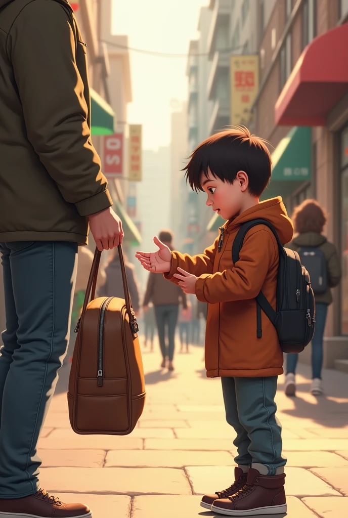 The innocent boy return money in the hand of the owner of the bag ...