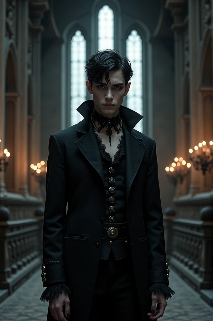 Cute black goth outfit british prince in a dark castle - SeaArt AI