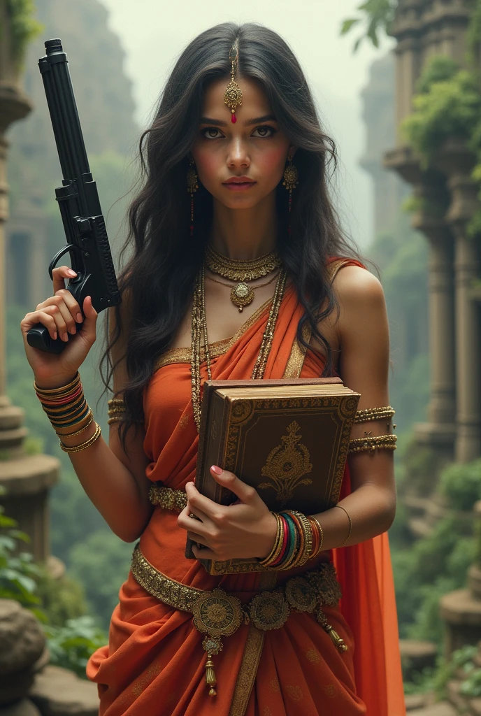 A Hindu girl in her hand a veda and in her second hand a gun - SeaArt AI