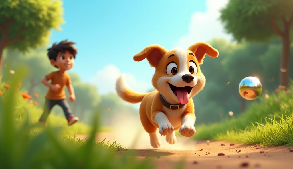 Dog running excitedly after a shiny object, with Ahmed watching in ...