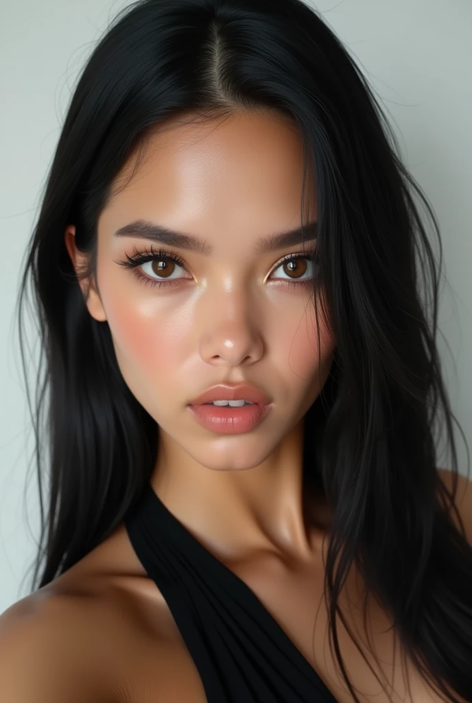 Model, hyperrealistic, exotic features, black hair, selfie, white ...