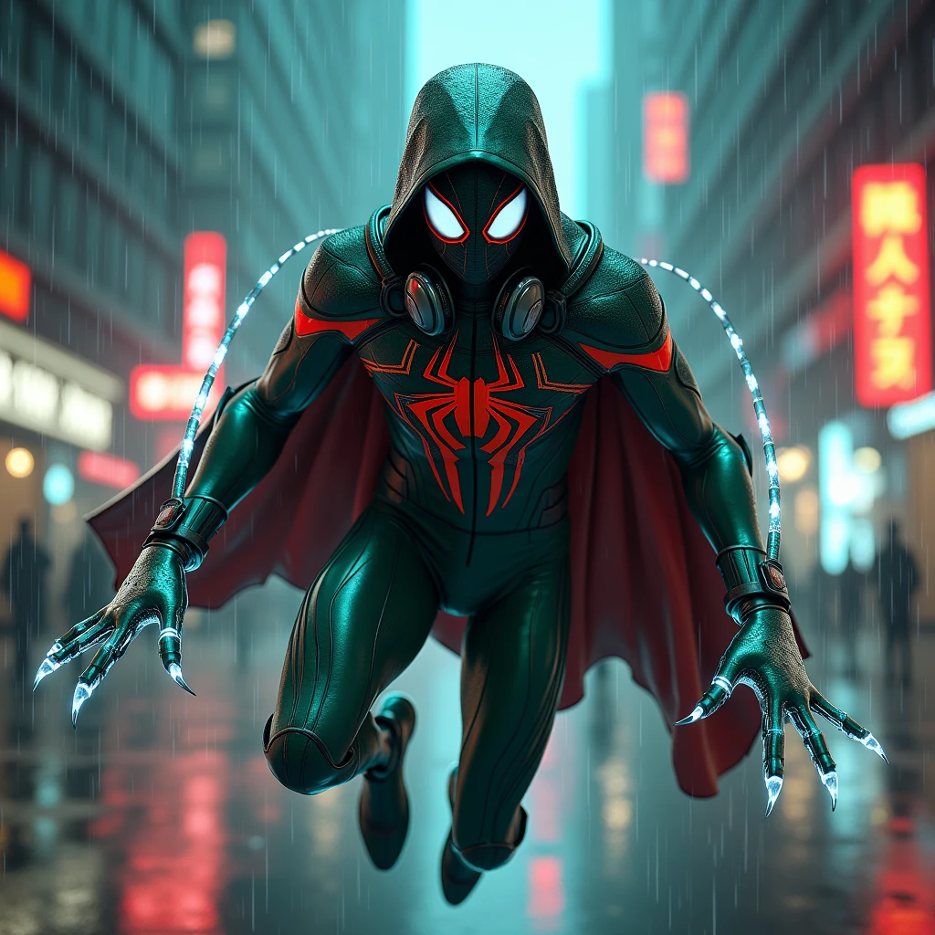 Spider-Man suit with hooded cape, nighttime, rainy, Vancouver Canada ...