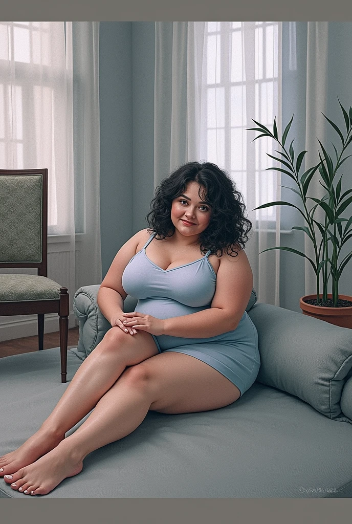 A brunette girl with curly hair and big breasts sits with her legs stretched out - SeaArt AI