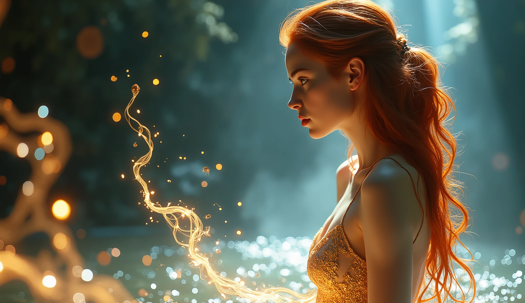 There is a woman with long red hair standing in a field - SeaArt AI