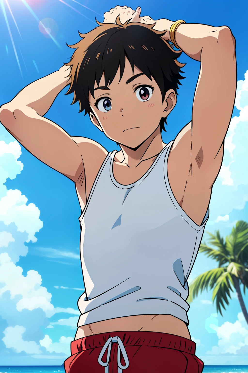 A man in a tank top standing on a beach next to the ocean - SeaArt AI