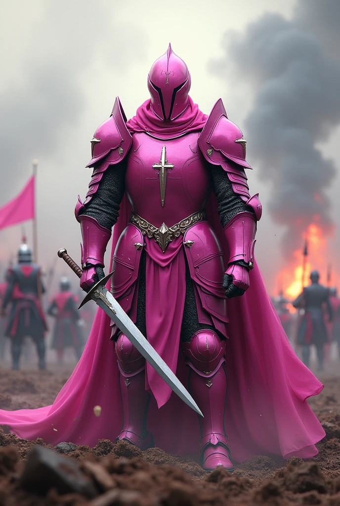 Pink knight, holding sword, in battle field, blur background - SeaArt AI
