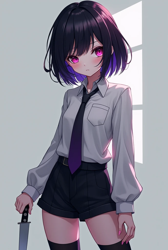 Create a character with short black and purple hair , with different ...