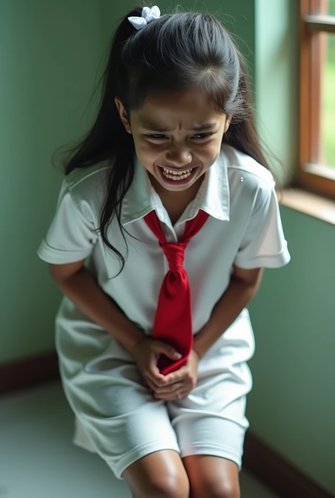 Sri lankan school girl in a tight short white gown, red tie - SeaArt AI