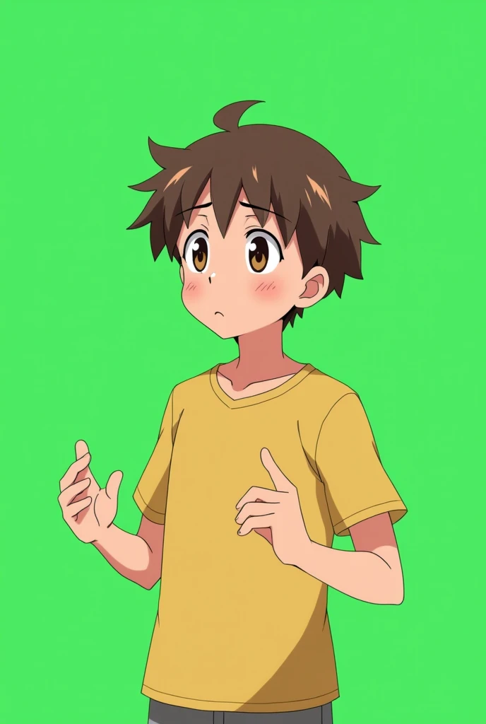 Make a anime boy, brown eyes and a slight brown skin,explaining ...