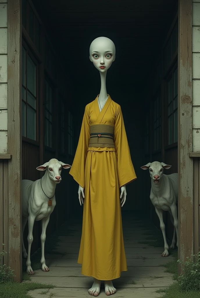 Scene where Yuki a young woman dressed in traditional yellow Japanese ...