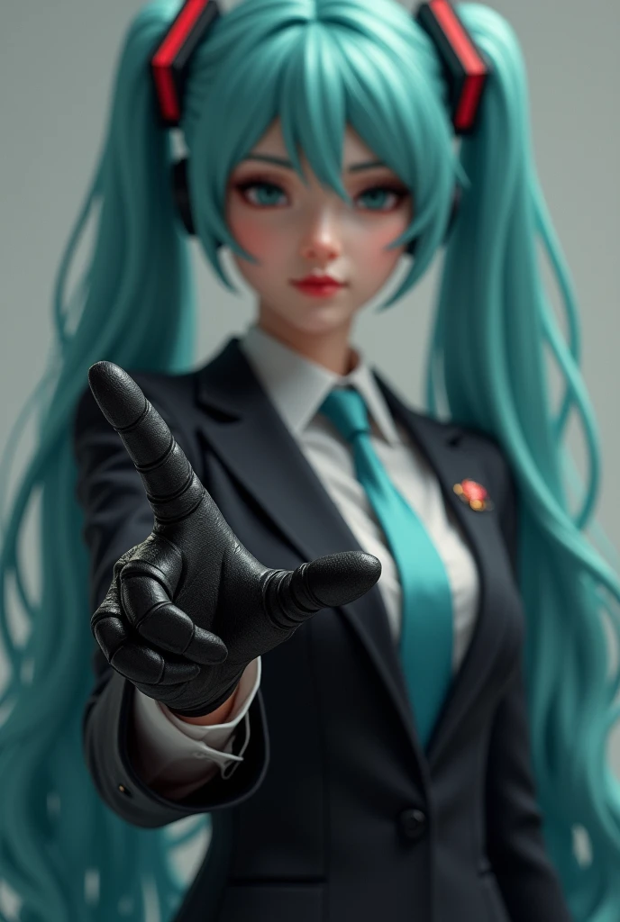 Generates an image of Hatsune Miku dressed in a formal suit with black ...