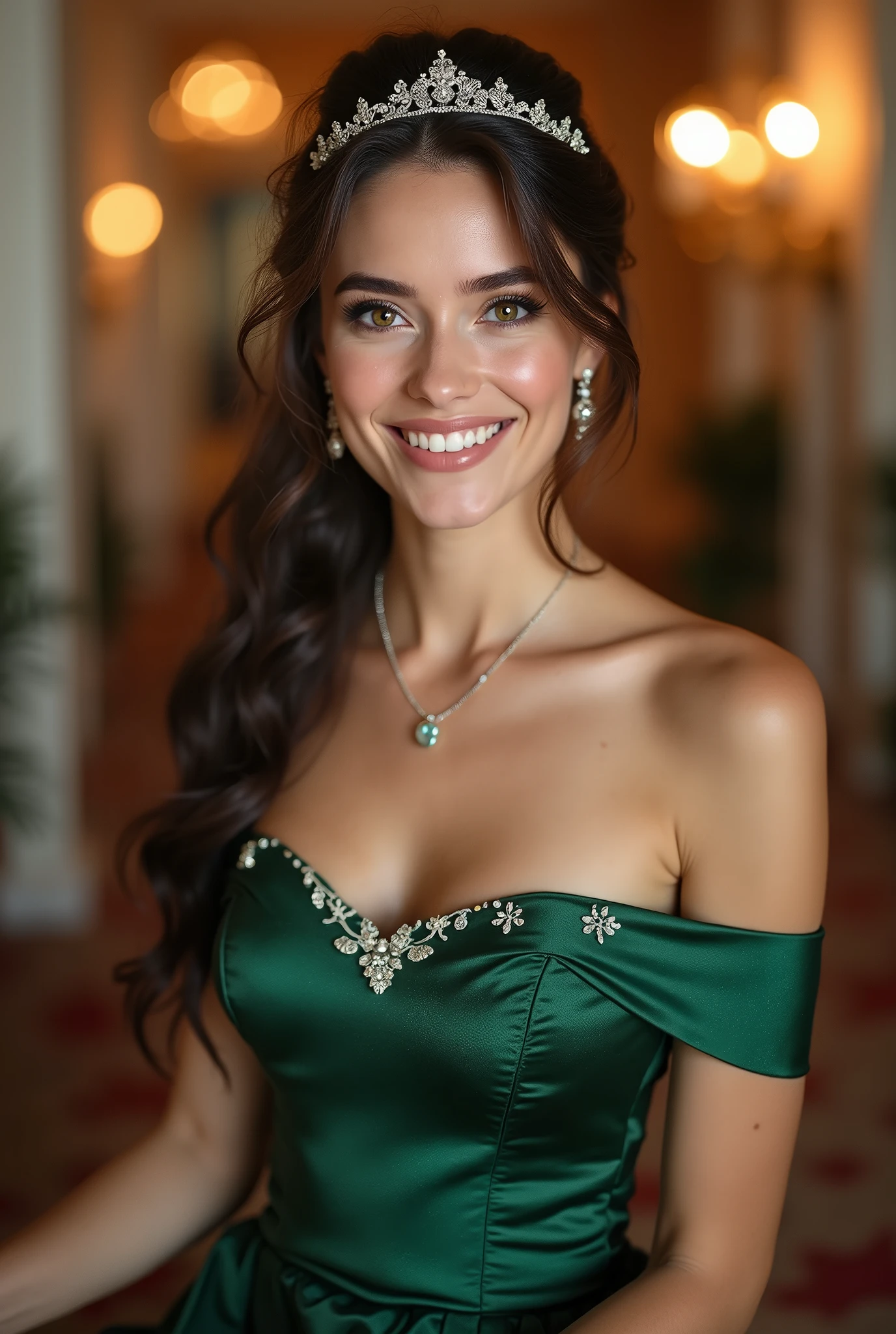 Arafed woman in a green dress with a tiara and a necklace - SeaArt AI