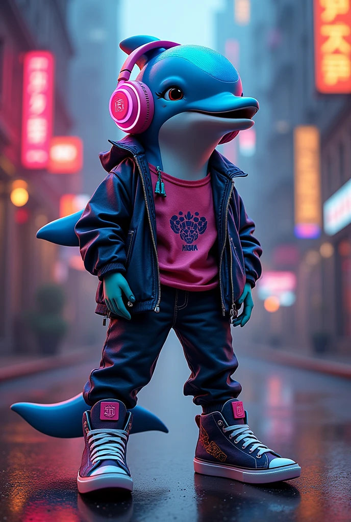 An anthropomorphic dolphin, dressed in 80s clothes but with cyberpunk ...
