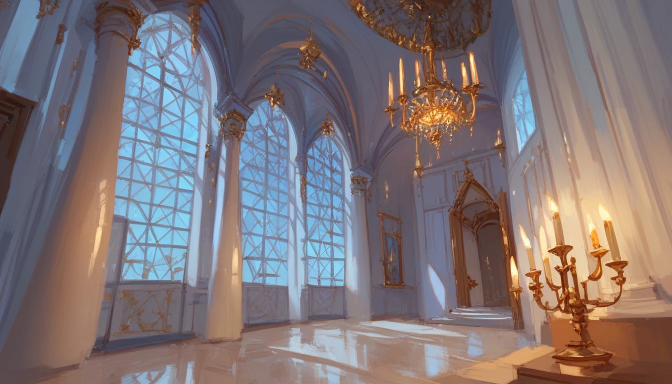 Castle lobby,chandelier on the ceiling,night in outside,mid shot ...