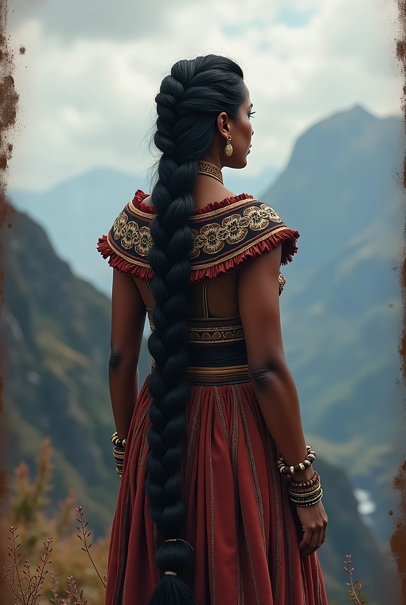 Arafed woman with long black hair standing in front of mountains ...