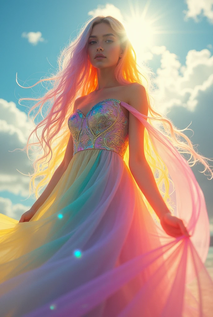 Mystic Rainbow Goddess is in the sky, her form glowing with vibrant ...