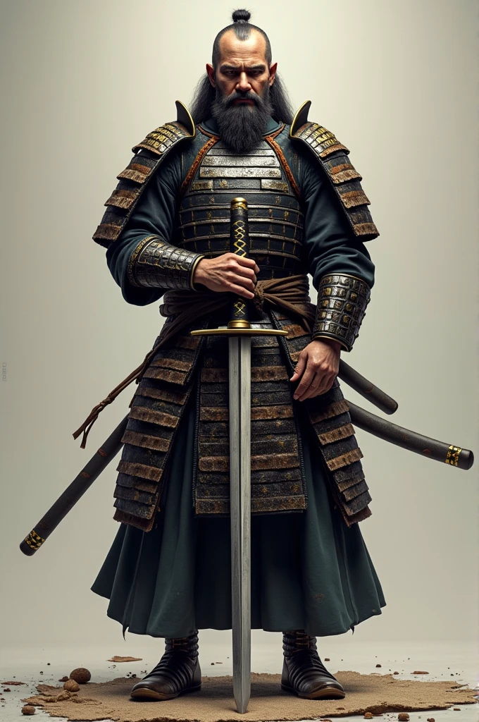 A samurai in armor holding his sheathed sword in realistic style ...