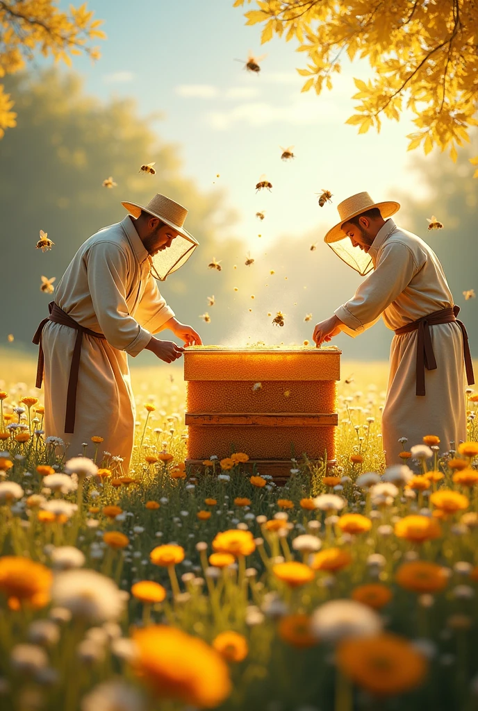 Honey Harvesting: "A peaceful, sunlit beehive in a vibrant meadow ...