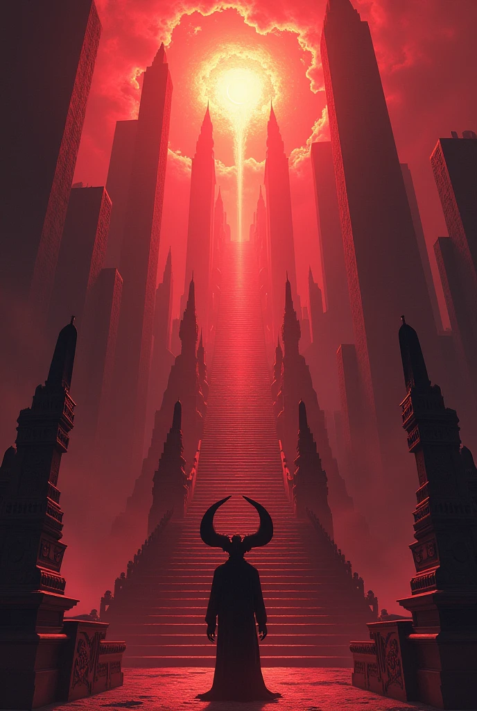 Make beautiful heaven red colour sky stairs and demon there - SeaArt AI