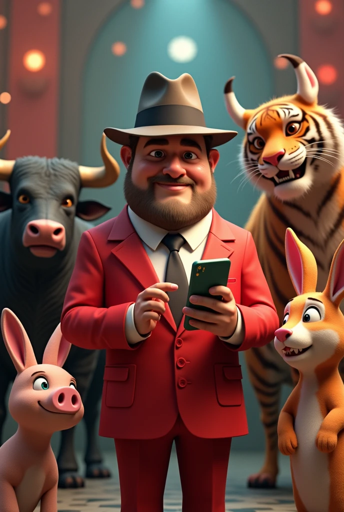 An animated image of a man in a mafia hat with a red suit holding a ...