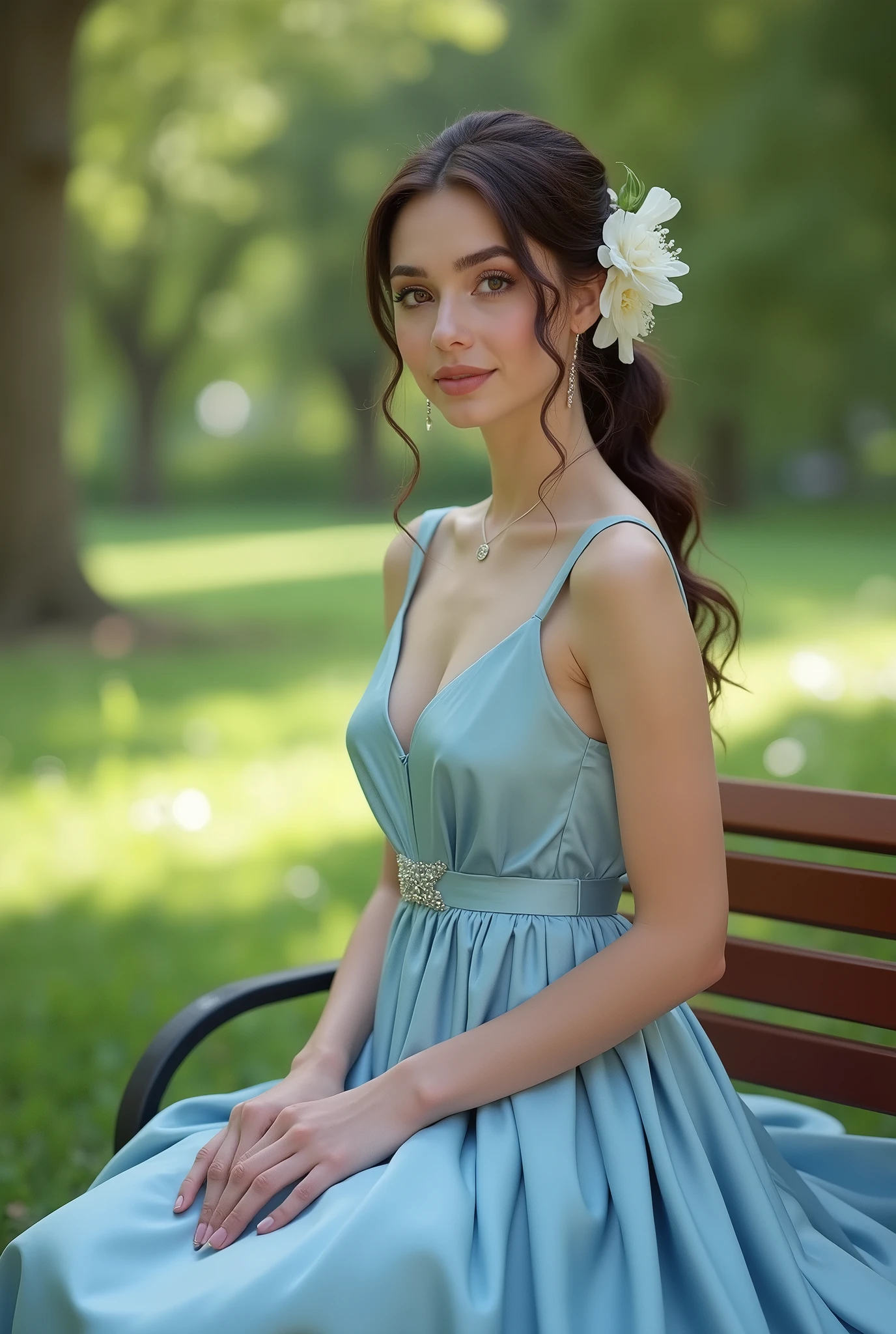 Arafed woman in a blue dress sitting on a bench in a park - SeaArt AI