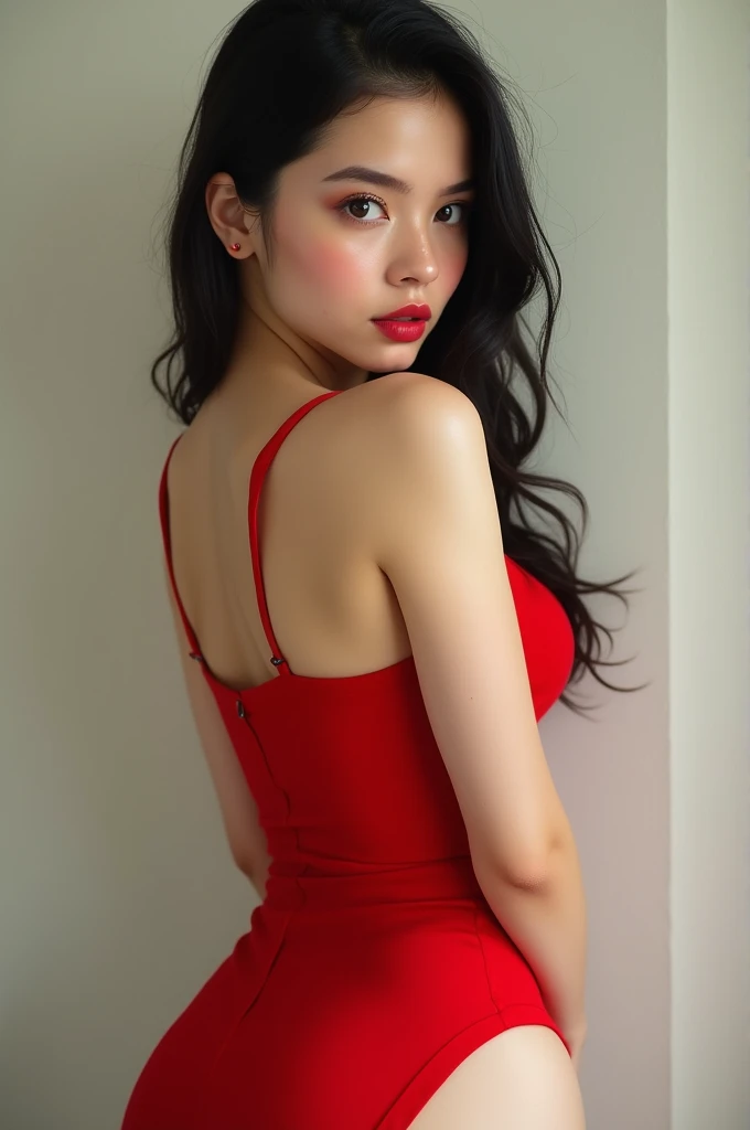 Portrait of a short girl , black hair, dark brown feline style eyes ...