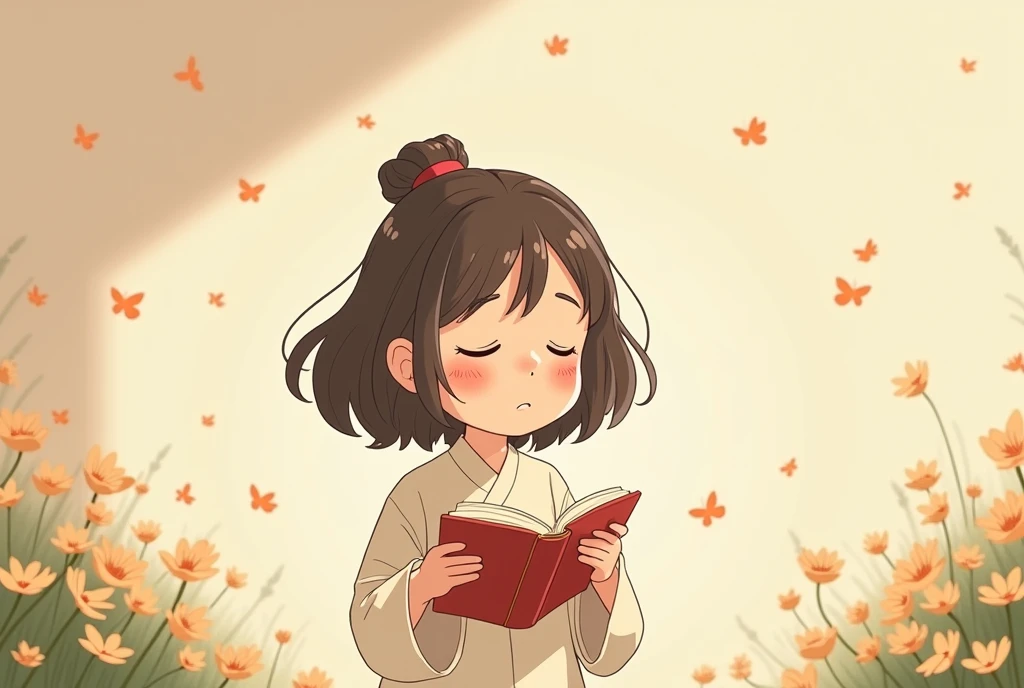 1 girl with eyes closed，Recite ancient poems，Cartoon，，风格，Cute ...
