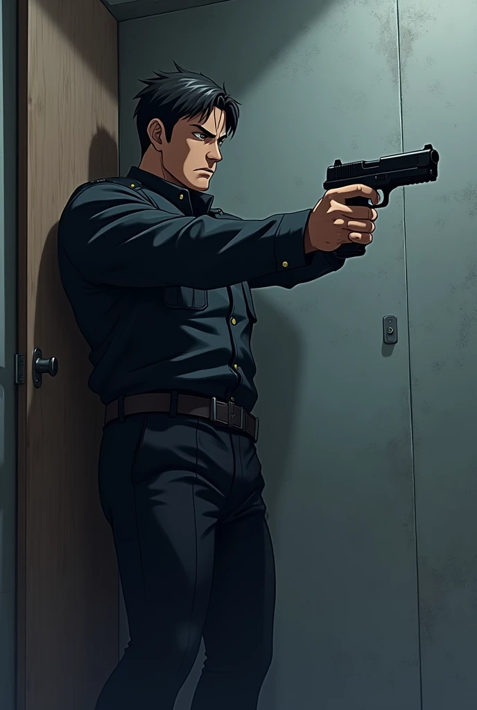Bodyguard stands holding a gun with 2 hands, ready to shoot - SeaArt AI
